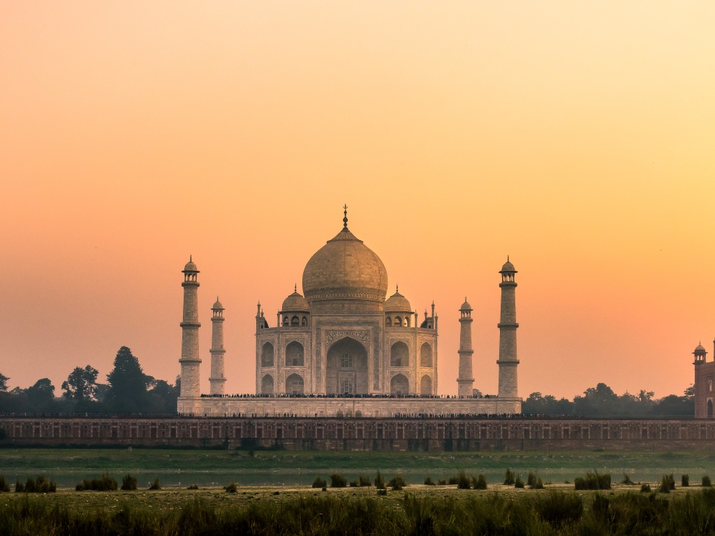 Taj Mahal Wallpaper 4K, India, Sunset, Orange sky